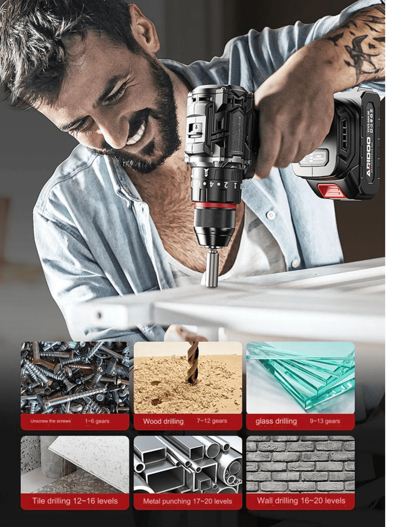 21V High Power Lithium-Ion Cordless Drill Set, Wireless Impact Drill ...