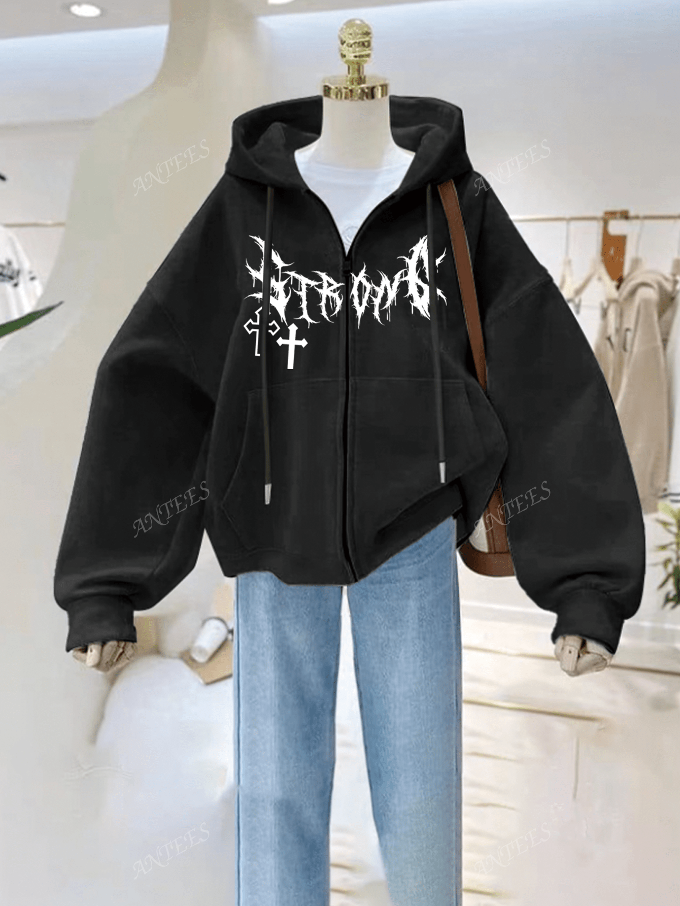 Thermal Lined American Casual Brand English Graphic Print Zip-Up Hooded ...