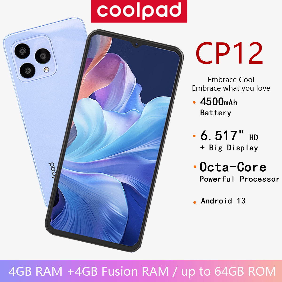 Coolpad Cool, CP12, Android 13, Azul, 6,517 polegadas HD+ 8 GB (incluindo 4 GB de RAM estendida ...
