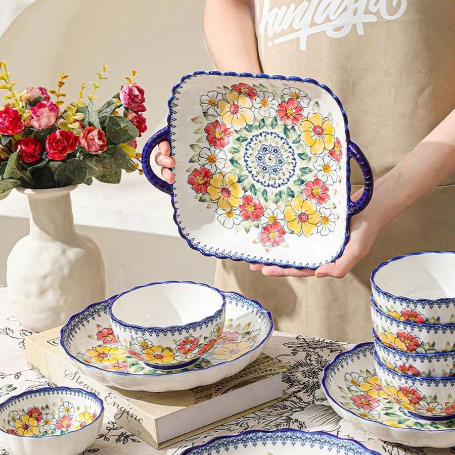 Vintage Floral Ceramic Dinnerware Set, Includes Plate, Sauce Dish, Bowl ...