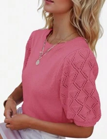 Woman's Chic Solid Color Hollow Sweater, Crew Neck Short Sleeves Knit ...