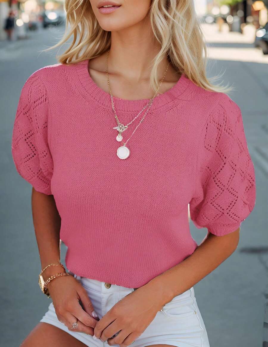 Woman's Chic Solid Color Hollow Sweater, Crew Neck Short Sleeves Knit ...
