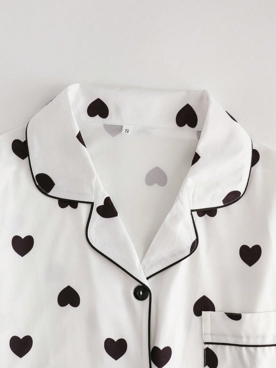 2pcs Set Women Heart Print Long Sleeve Pajamas, Collar Button Up Shirt And Loose Comfortable ...