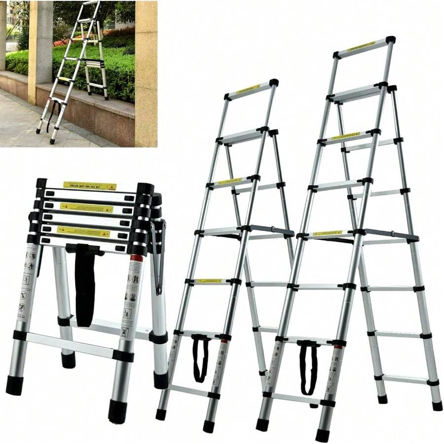 Telescopic Ladder, Portable 6+7 Steps Aluminium Extension Ladder, A ...