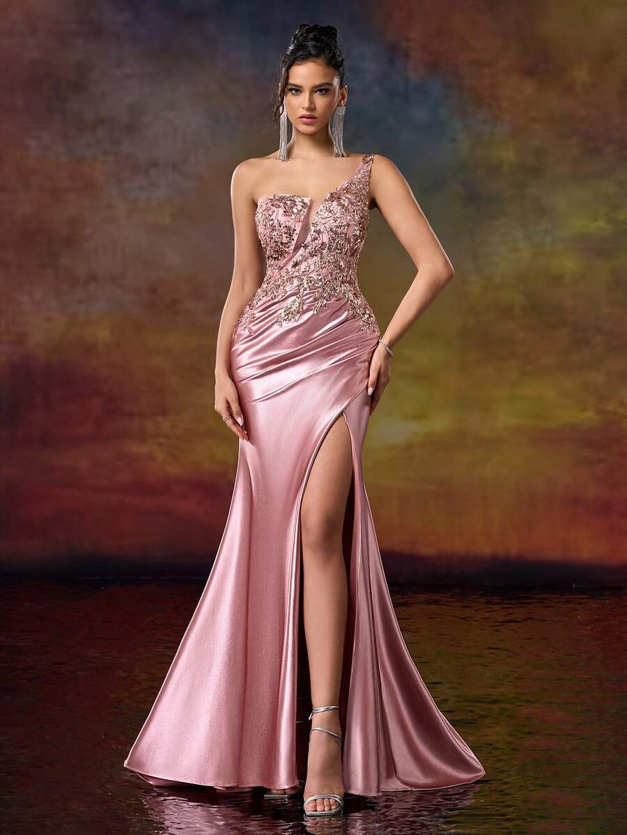 One Shoulder Column Applique Ruffle Party Prom Dress, Formal Evening ...