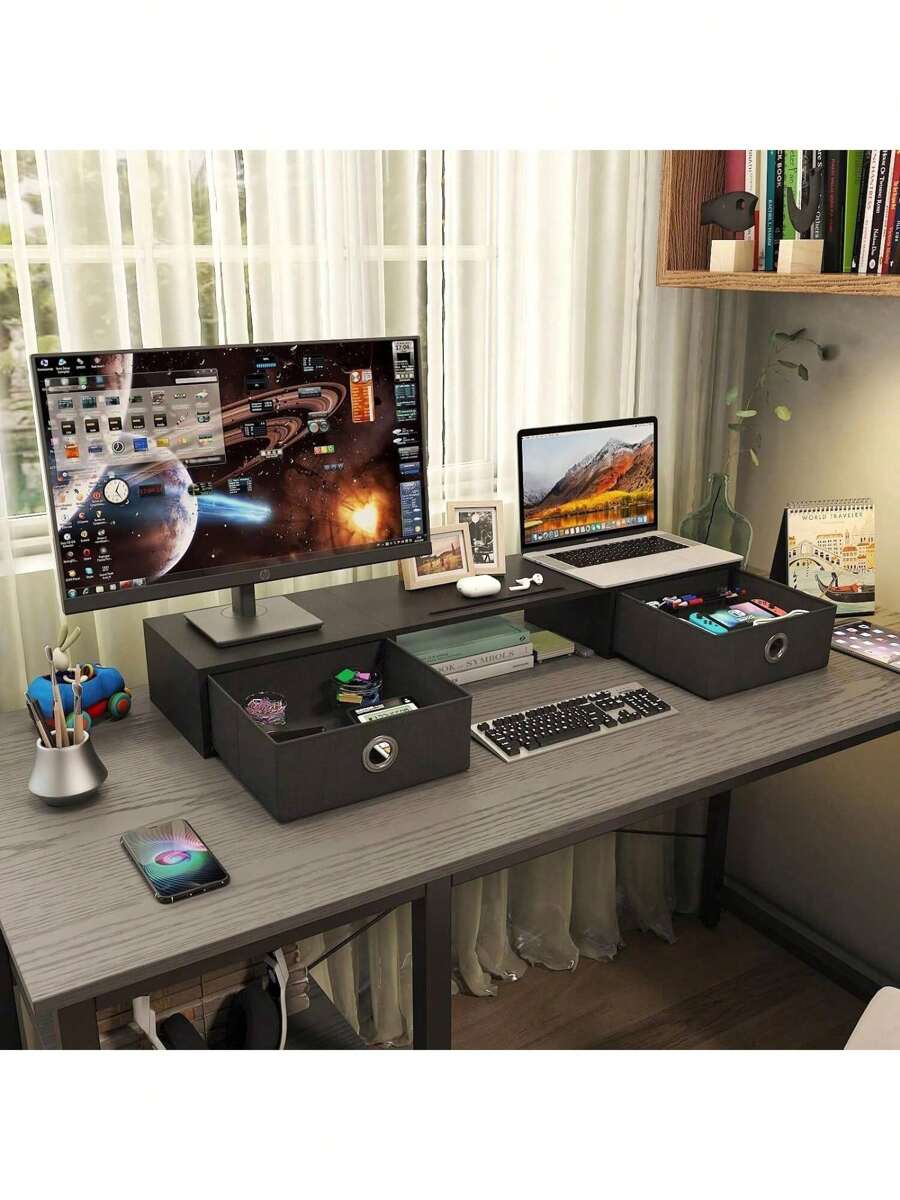 Dual Monitor Stand Riser With Two Drawers, Extra Large Storage Monitor ...