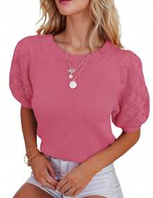 Woman's Chic Solid Color Hollow Sweater, Crew Neck Short Sleeves Knit ...