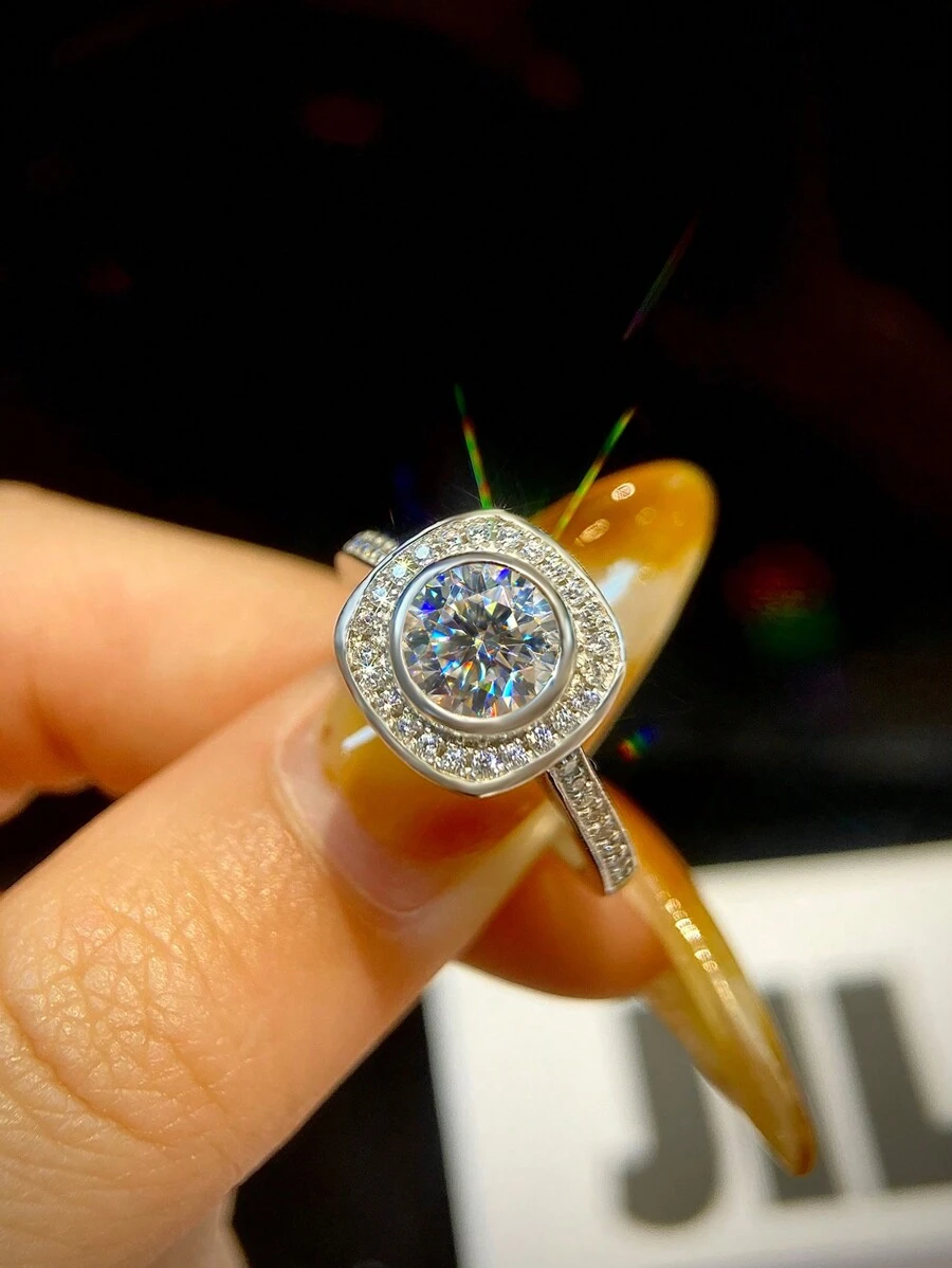 Esberry 1 PC S925 Sterling Silver Simple Square Exquisite Elegant Luxury Single Diamond Zirconia ...