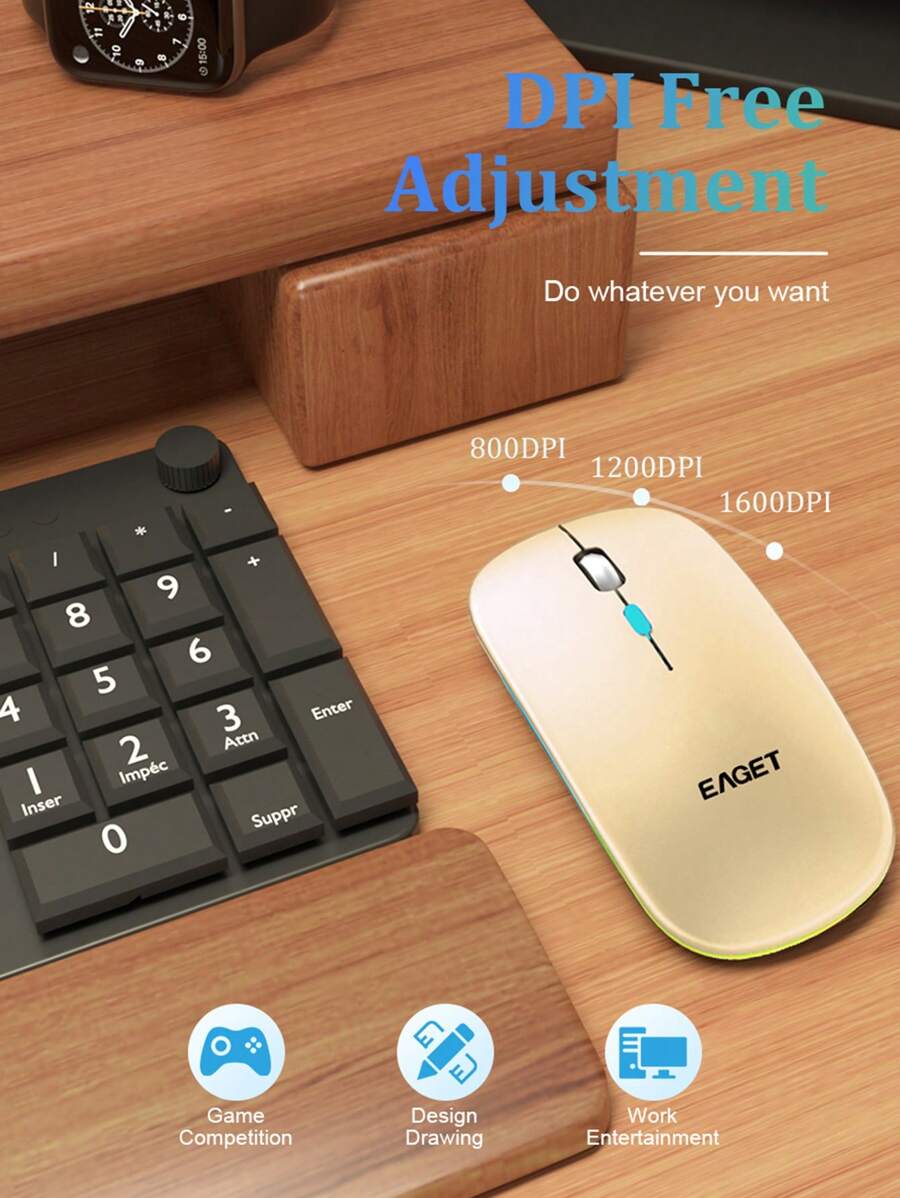 EAGET Mouse sem fio portátil silencioso 2.4G com luz LED compatível com ...