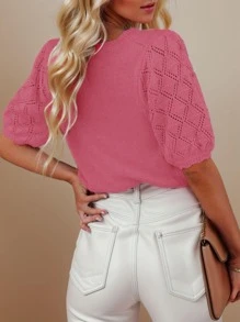 Woman's Chic Solid Color Hollow Sweater, Crew Neck Short Sleeves Knit ...