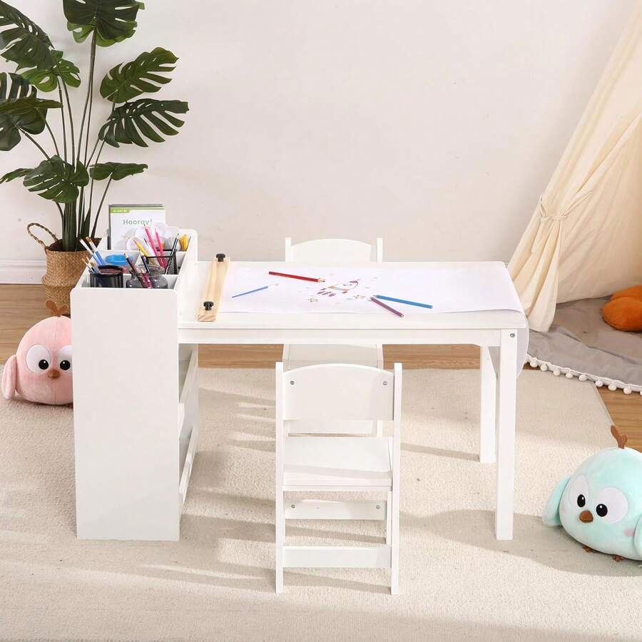 Wooden Kids Art Table & 2 Chairs Set - Toddler Craft Activity Desk With ...