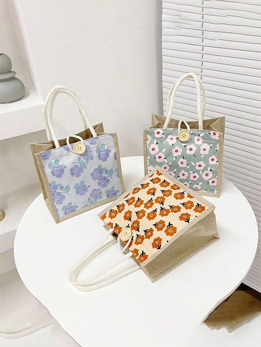 Chic Floral Canvas Tote Bag With Button Closure - Portable & Reusable ...
