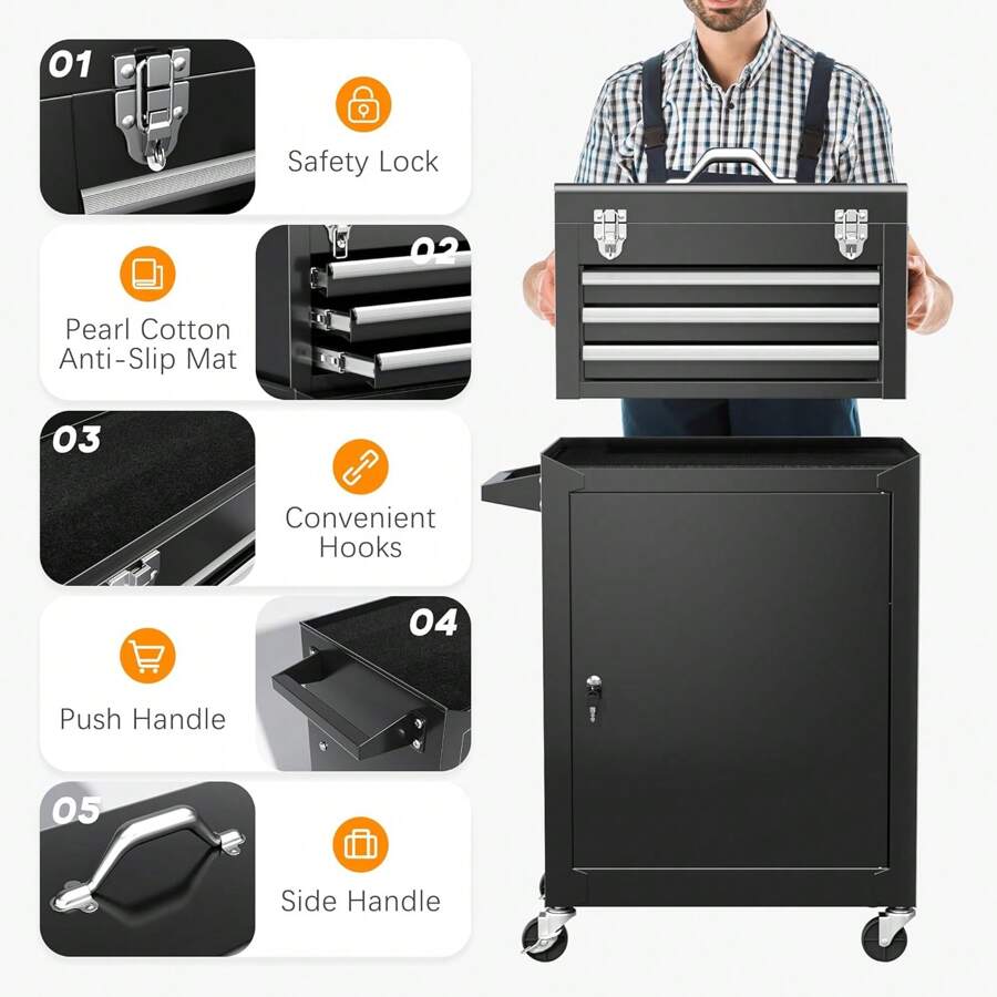3-Drawer Rolling Tool Chest With Lockable Wheels, 2 In 1 Metal Tool ...