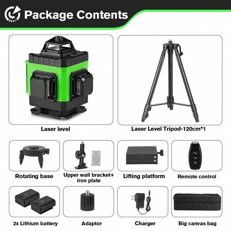 ONEVAN 16 Lines 4D Laser Levels 360 Horizontal Vertical Green Line Laser Level Self-Leveling ...