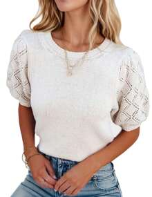 Woman's Chic Solid Color Hollow Sweater, Crew Neck Short Sleeves Knit ...