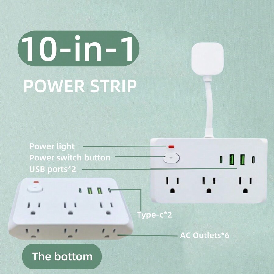 10-In-1 Power Strip, 2 USB Ports & 2 Type-C Ports For IPhone/IPad & 6 AC Outlets, Current ...