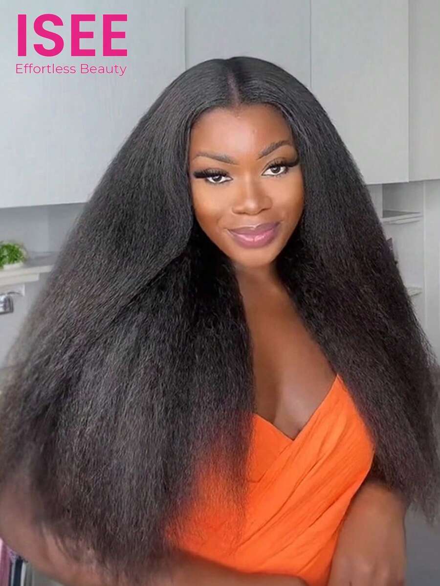 ISEE Kinky Straight Natural Black 13x4 Glueless HD Lace Wig Pre-Plucked ...