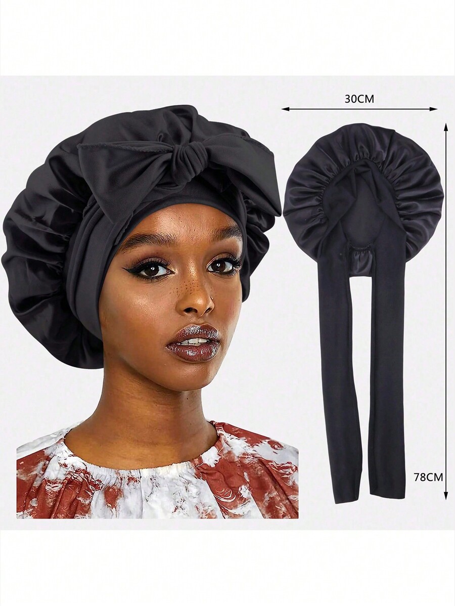 1pc Women's Imitation Silk Sleep Cap With Wide Brim, Ribbon Bow Decoration & Hair Wrap Function ...