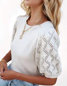 Woman's Chic Solid Color Hollow Sweater, Crew Neck Short Sleeves Knit ...