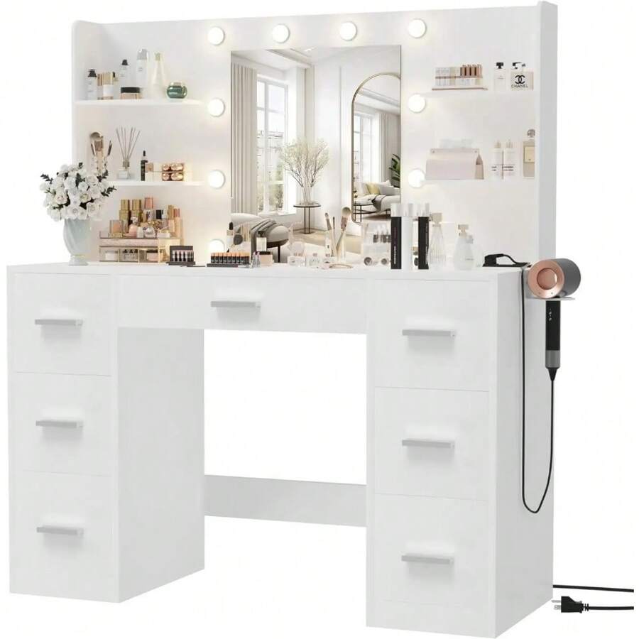 Dressing Table With Mirror, LED Lights, And Power Socket, 7 Drawers And ...