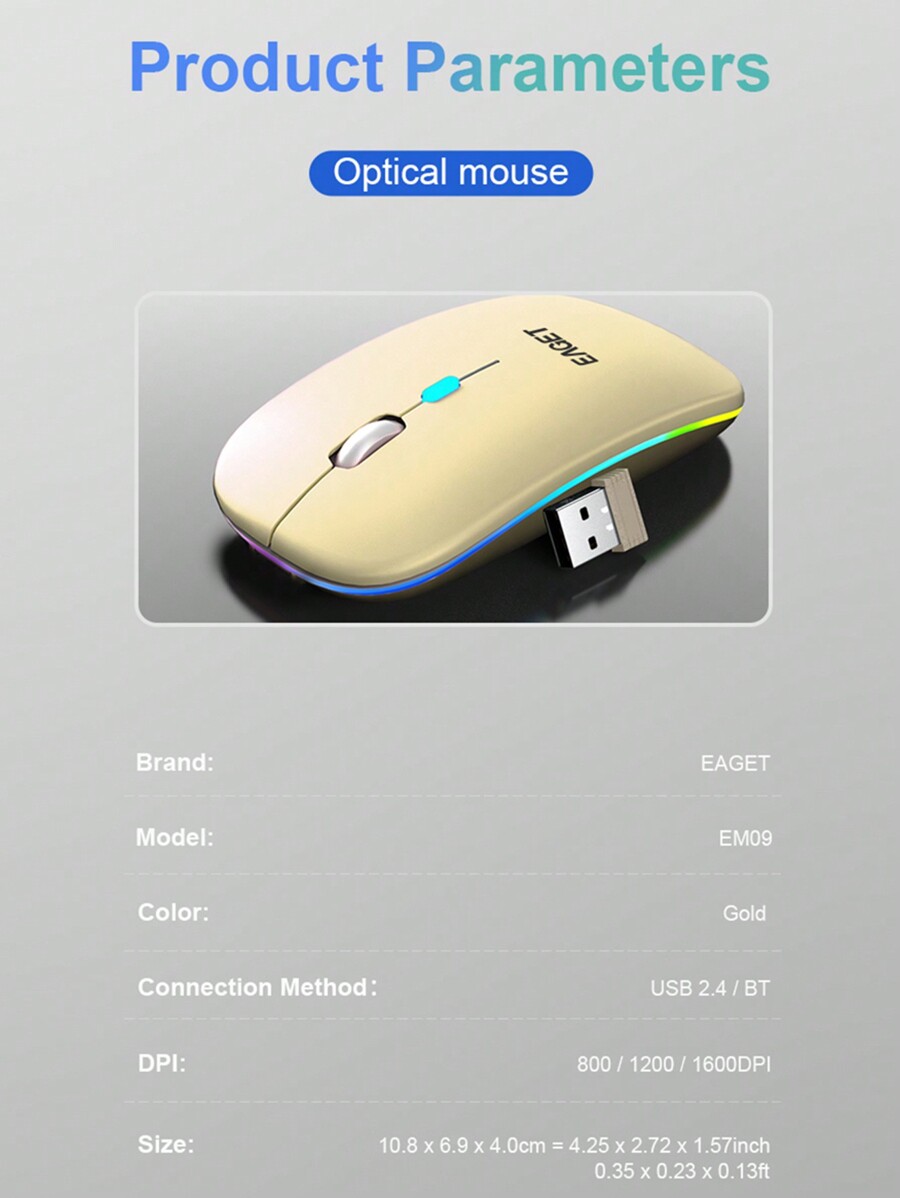 EAGET Portable Silent Wireless Mouse 2.4G Led Light Compatible With ...