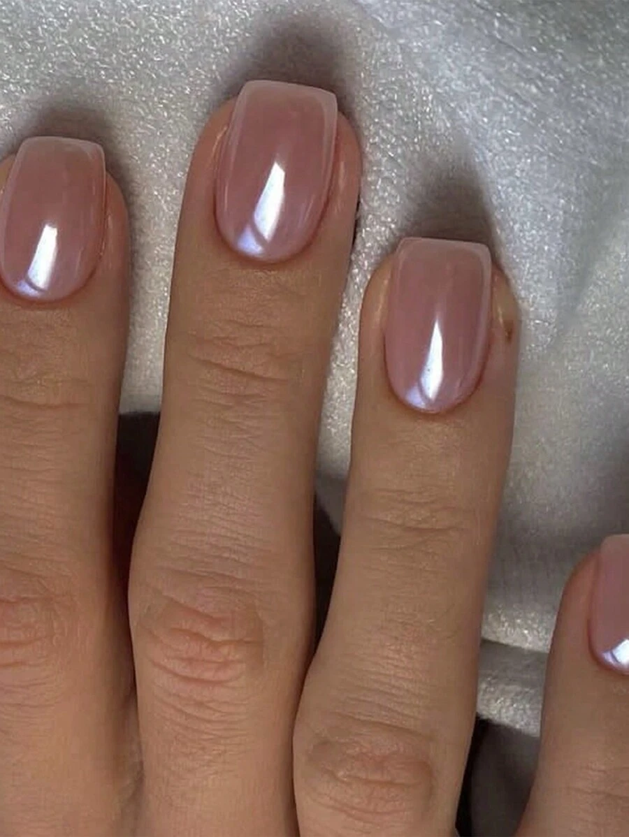 24 Shiny Short Square Fake Nails, Chrome Pink Pressed Nails With Magic ...