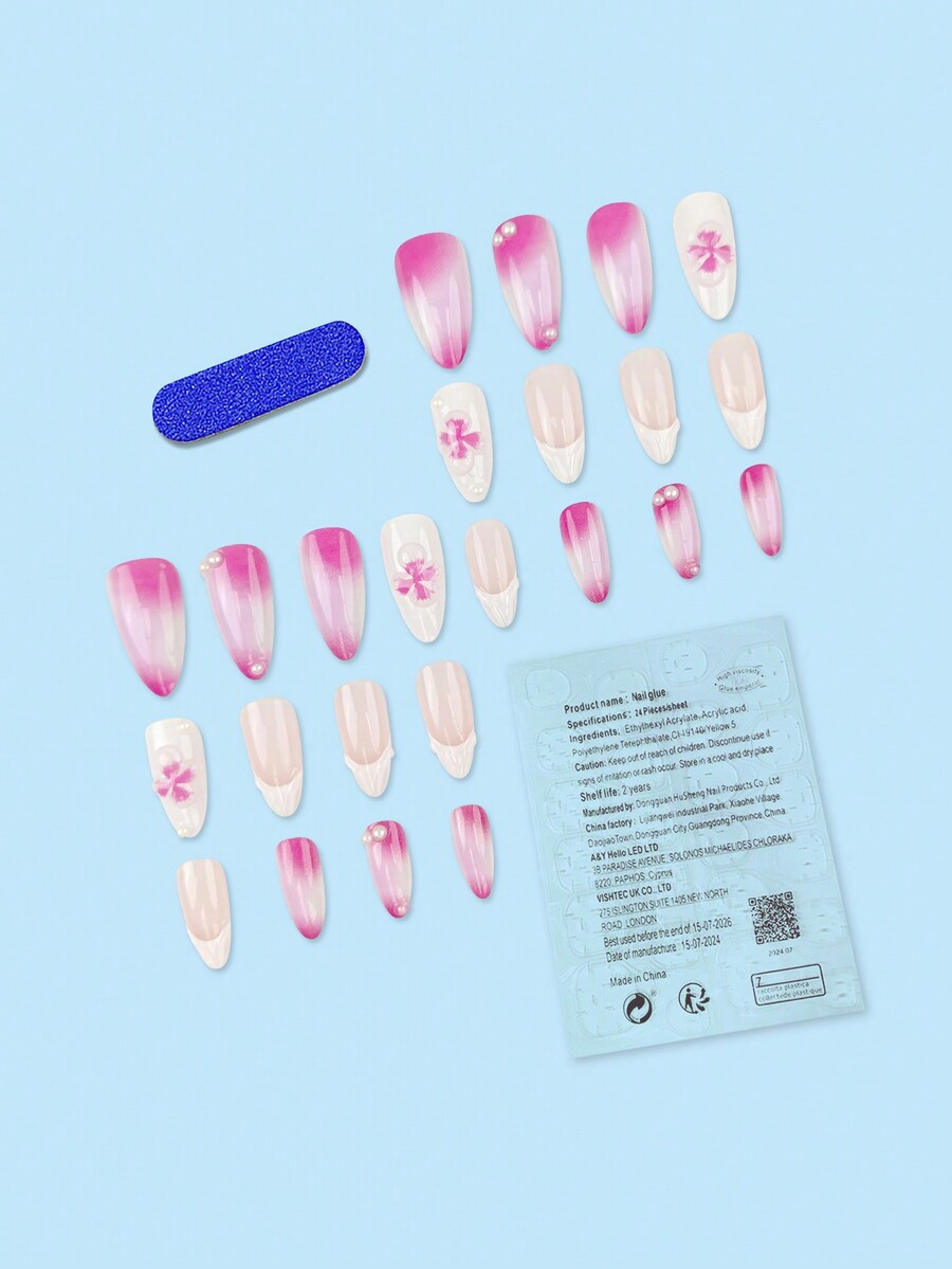 24pcs/Set Long Almond Shaped Transparent French Manicure 3D ...