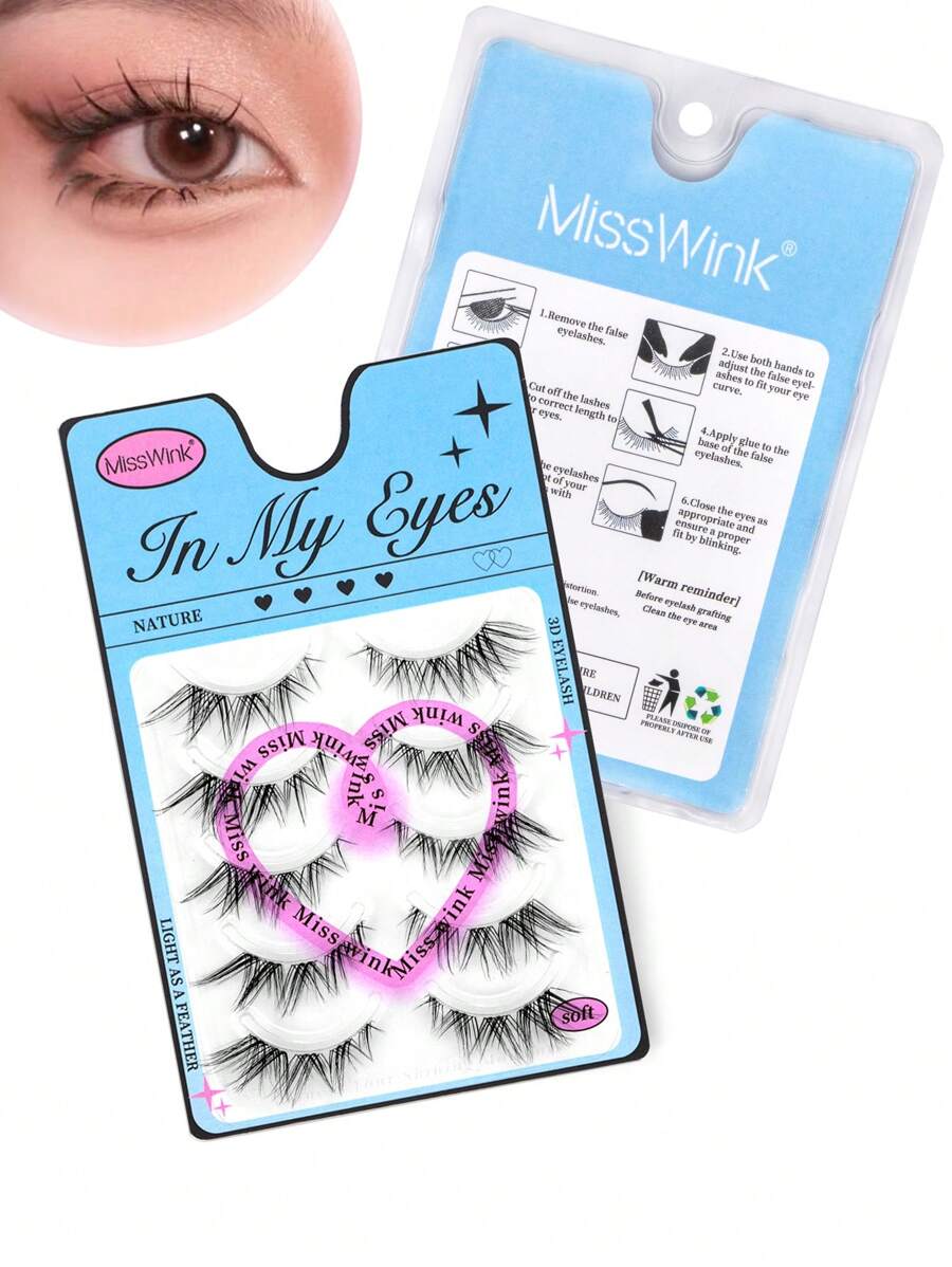 5 Pairs Miss Wink Elongated Winged Natural Transparent Thin Stem False ...