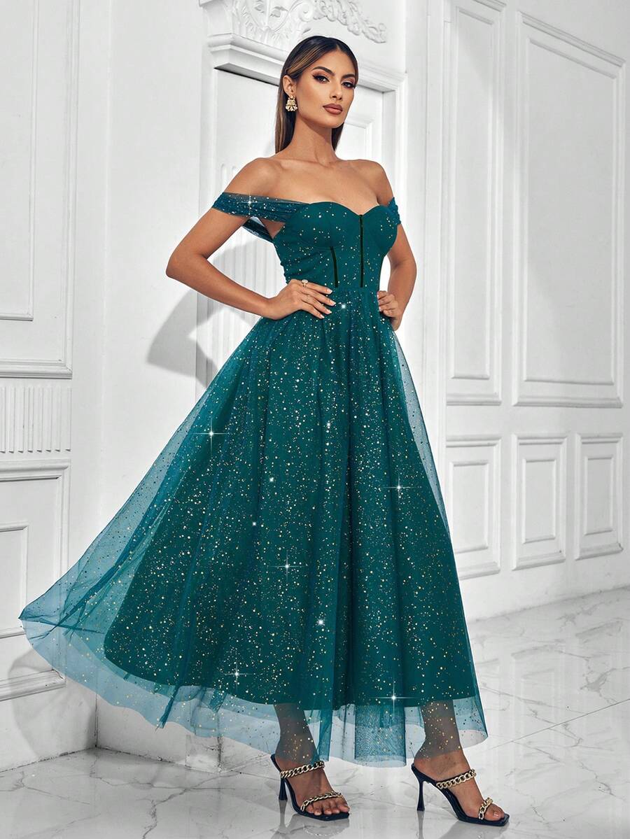 Glamour Off Shoulder Mesh Ball Gown Dress, Elegant Semi Formal Prom ...