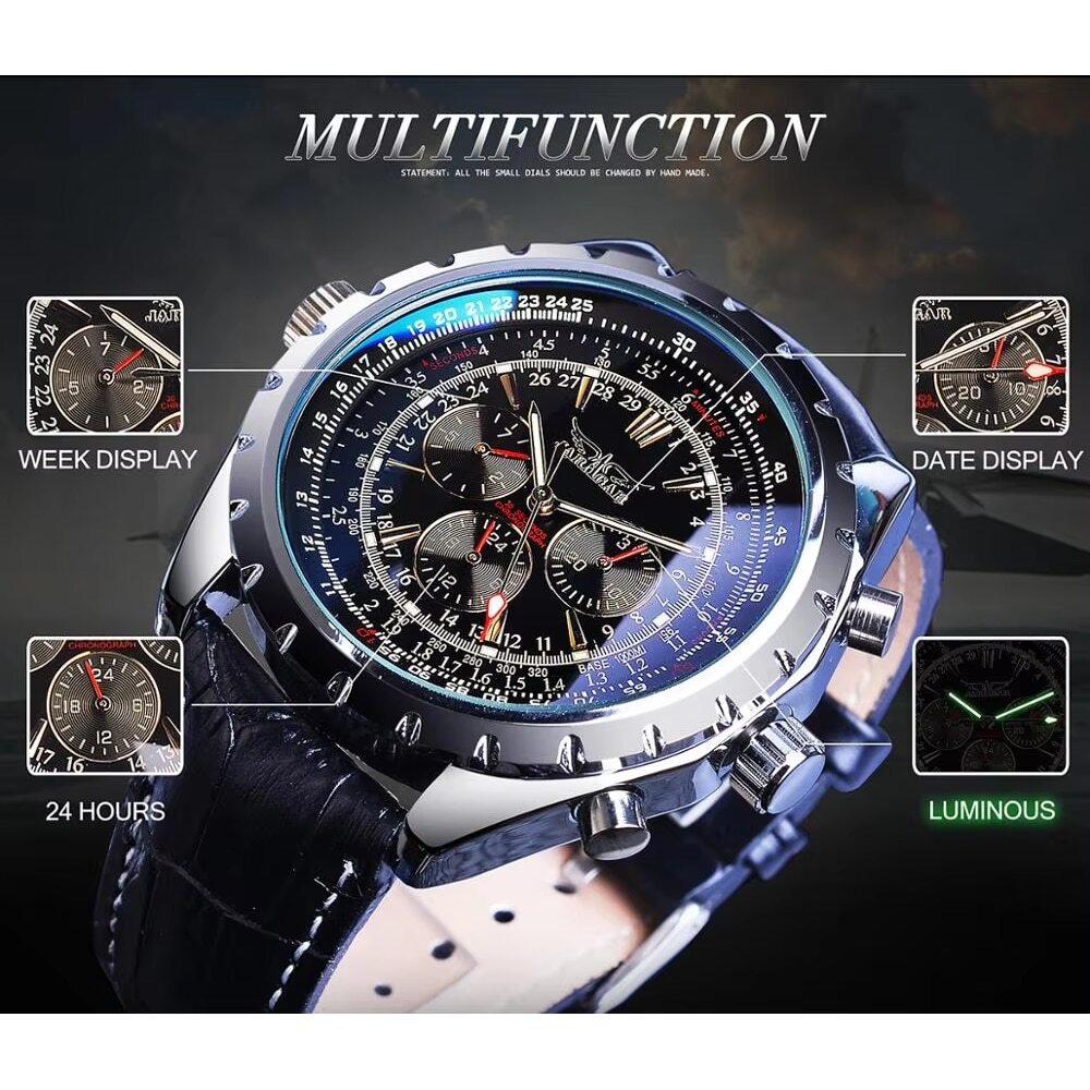 FORSINING Jaragar Aviator Series Three Dial Display Luxury Luminours Hands Leather Men ...