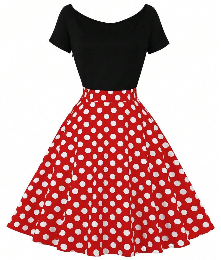 Women's 1950s Vintage Dress Polka Dot Swing Cocktail Dress Off Shoulder ...