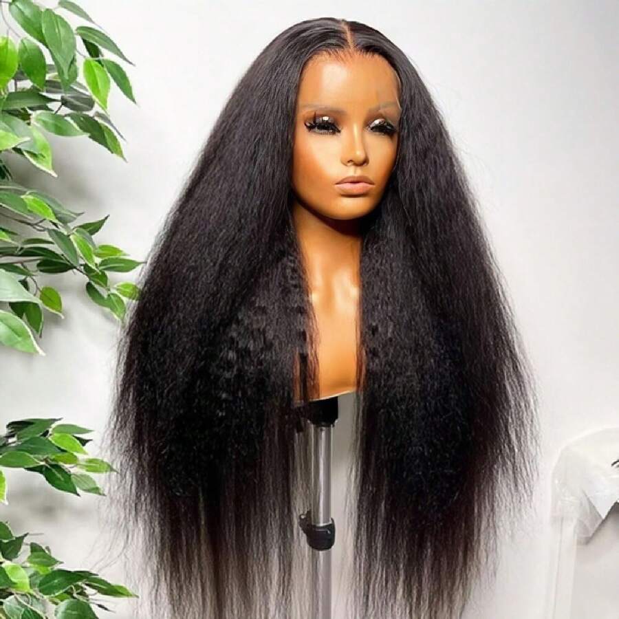 13x6 Lace Front Kinky Straight Wig HD Transparent Yaki Straight Frontal Closure Human Hair Wigs ...