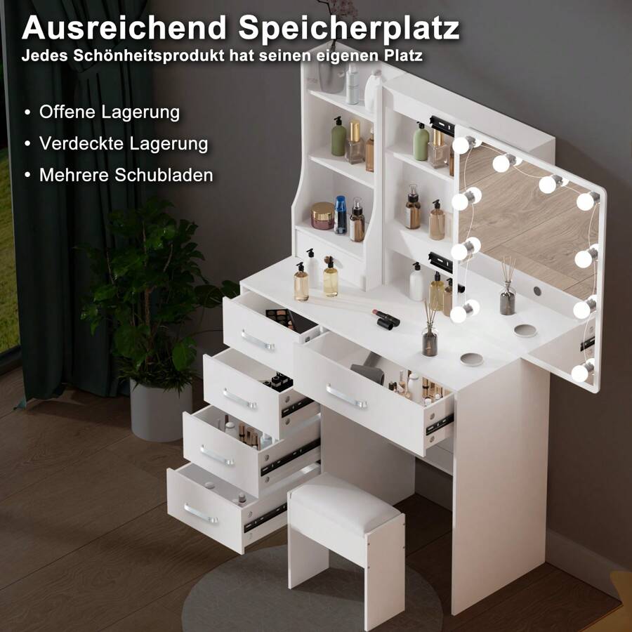 Makeup Table With 5 Drawers And Storage Shelf, Vanity Desk With Mirror ...