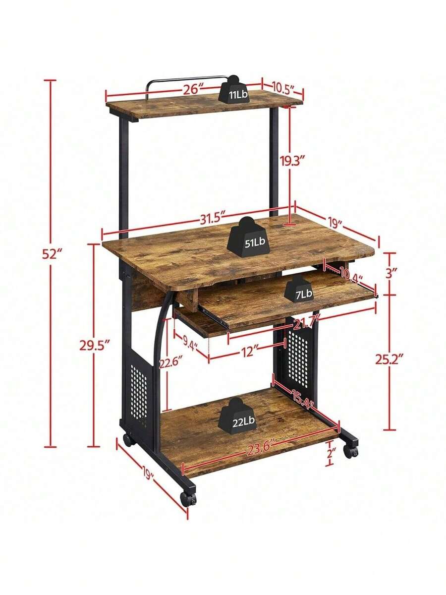 3 Tiers Rolling Computer Desk With Keyboard Tray And Printer Shelf For ...