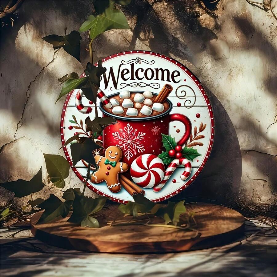 Gingerbread Man Welcome Sign, Round Aluminum Foil Engraved Plate, 8x8 ...