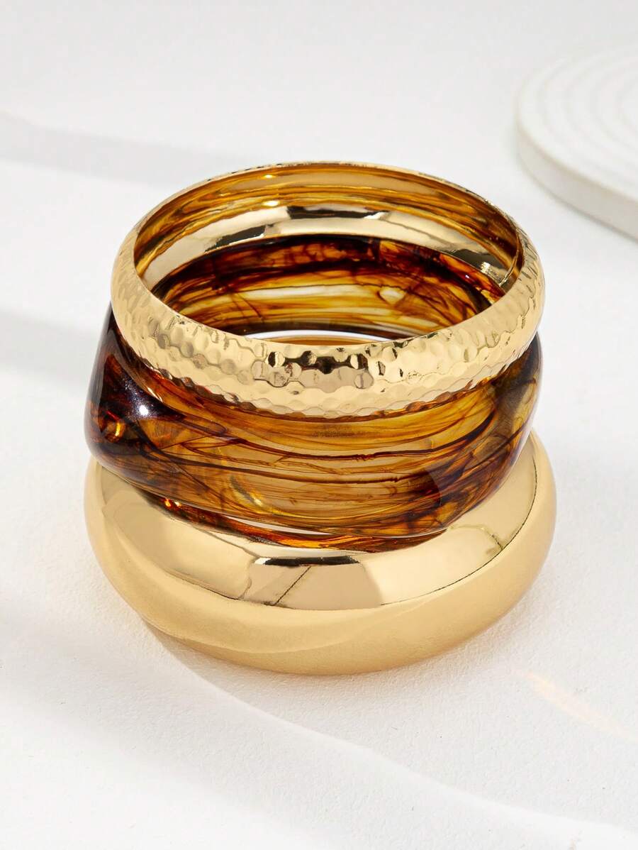 1 Pc Chunky Resin Cuff Bangle & 2 Pcs Golden Color Metal Chunky Cuff ...