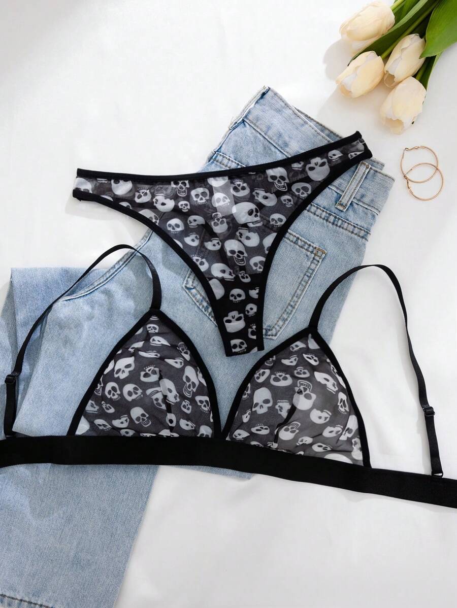 1pc Woman Solid & Skull Graphic Comfortable Intimate Set Bra And Panty ...