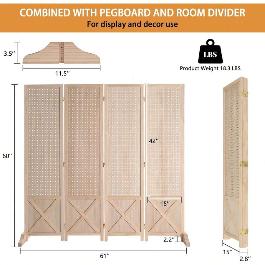 Freestanding Pegboard With Support Feet, 5 FT Wood Room Divider Display ...