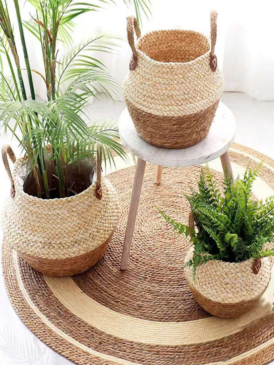 Handwoven Grass Basket Planter Set, Includes Large Belly Basket And ...