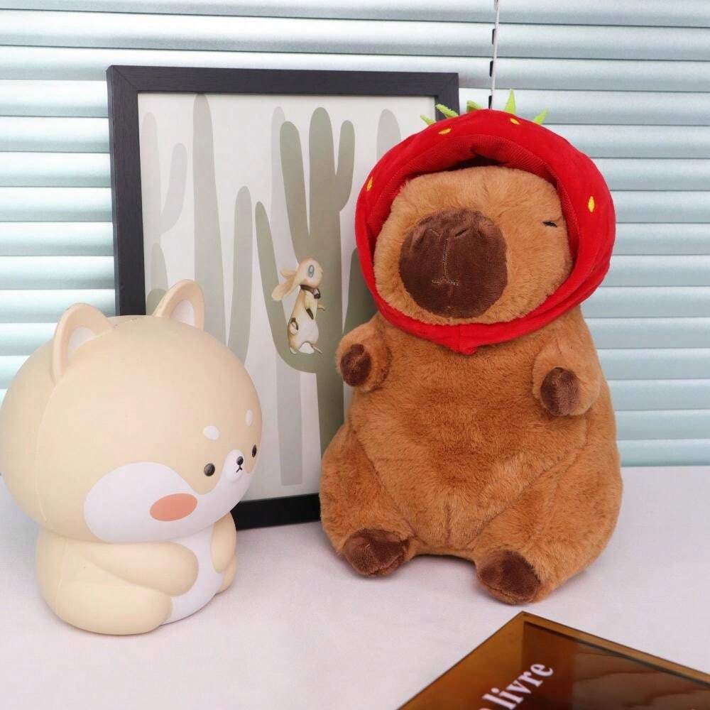 Cute Capybara Plush Wear Strawberry Hat Kawaii Capibara Stuffed Aniamls ...