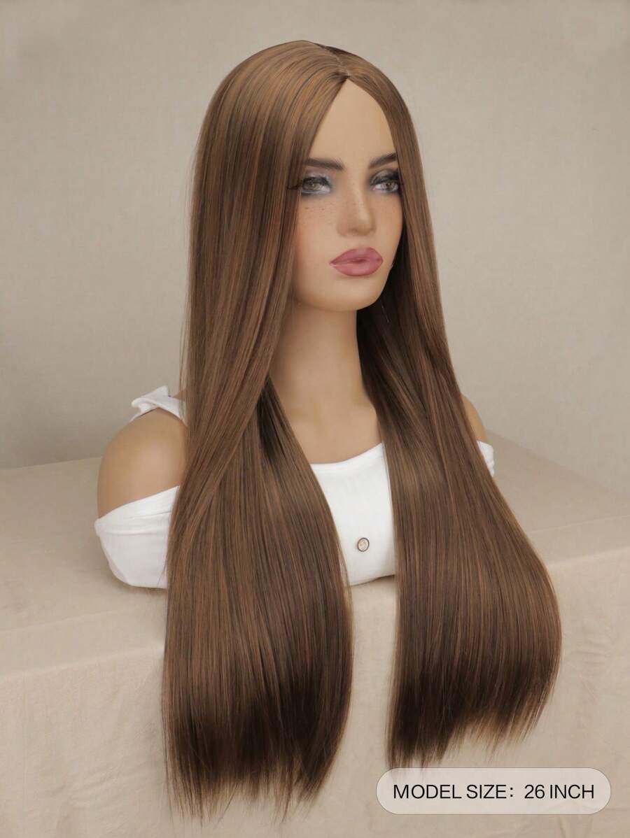 Black Wig Synthetic Heat Resistant Long Straight Middle Part Line ...