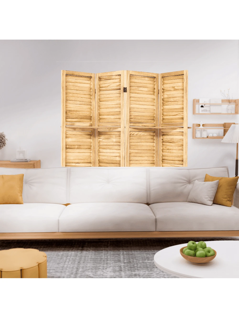 4 Panel Wood Room Divider Screen With Shelves - Freestanding Partition ...