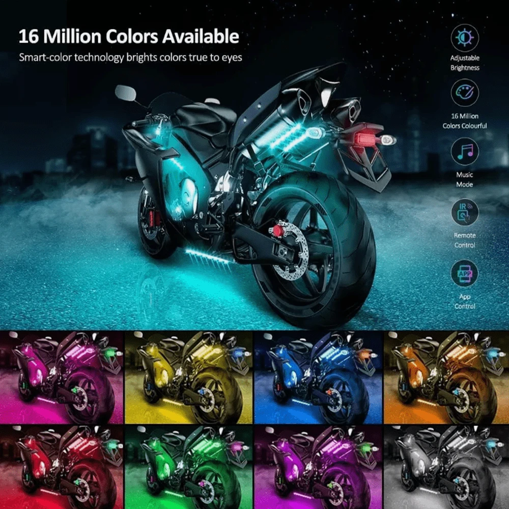JOLLYVOGUE 16PCS Motorcycle RGB LED Strip Light Under Glow Neon Kit ...