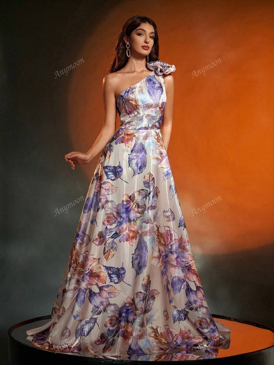 Anymoon One-Shoulder 3D Hand Floral Print Long Evening Dress, Elegant ...