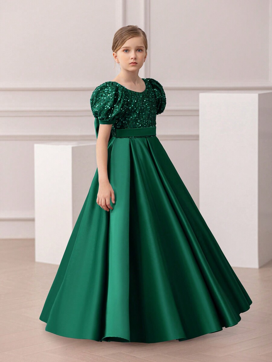 Tween Girls' Christmas Sparkly Puff Sleeve Deep V-Neck Princess Dress ...