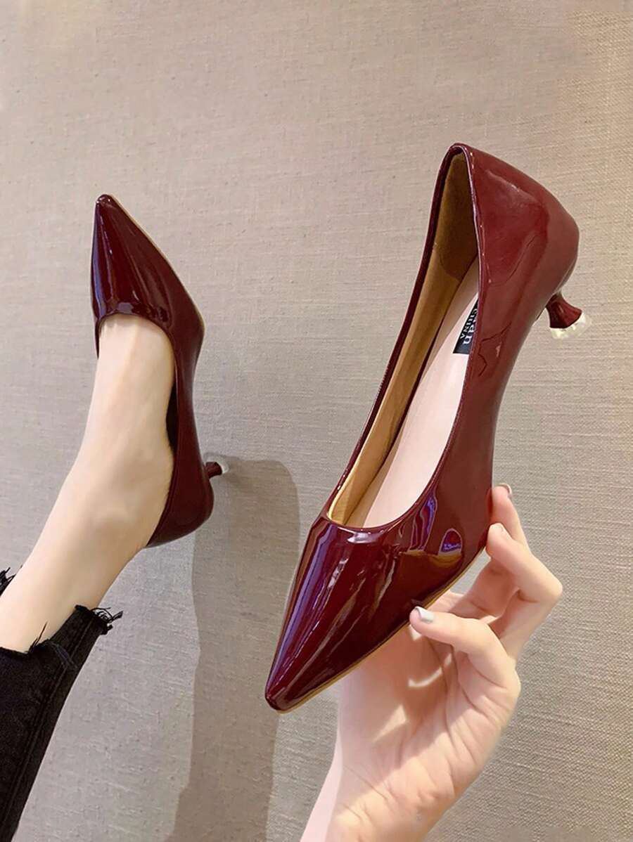 Simple Wine Red Low Heel Pointed Toe Women Work Shoes, French Style ...