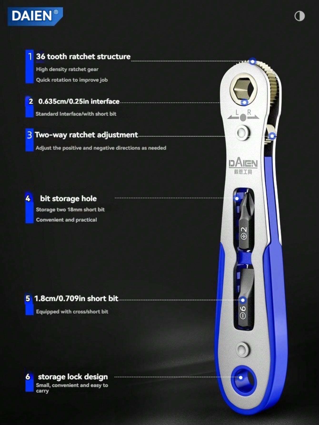 DAIEN ชุดไขควงแร็ตเช็ทพกพาขนาดกะทัดรัด, หัววงเดียวมุม 90 องศาเหมาะ ...