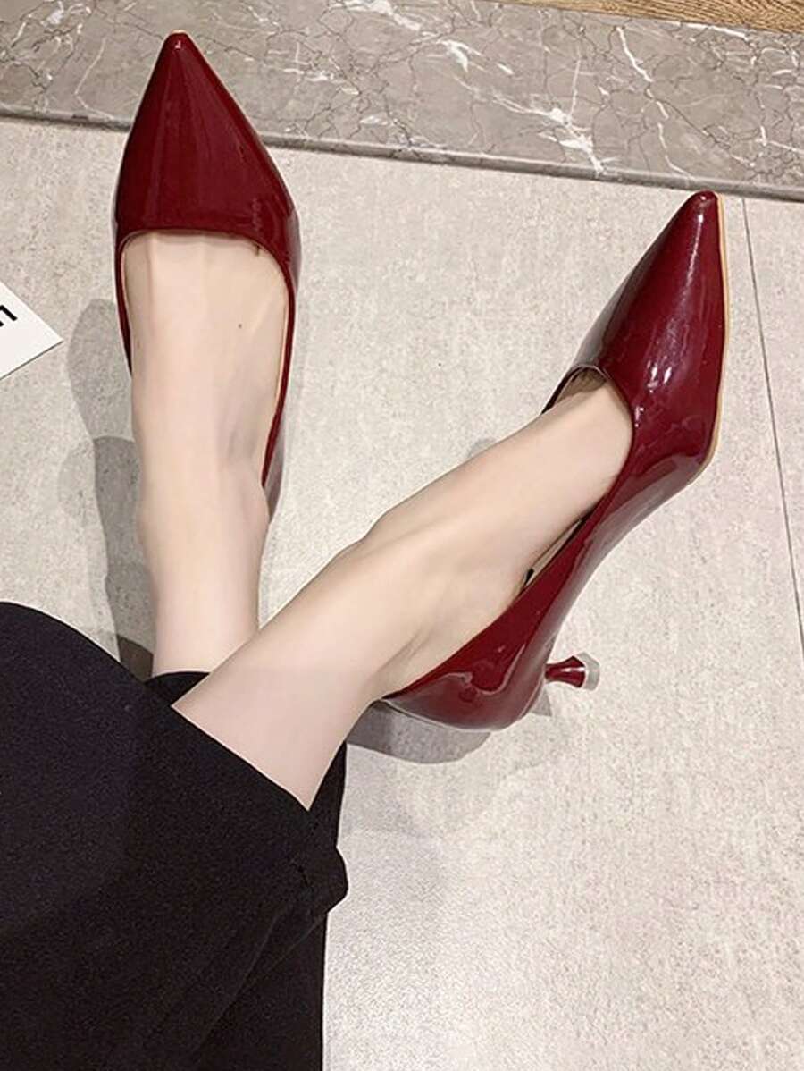 Simple Wine Red Low Heel Pointed Toe Women Work Shoes, French Style ...