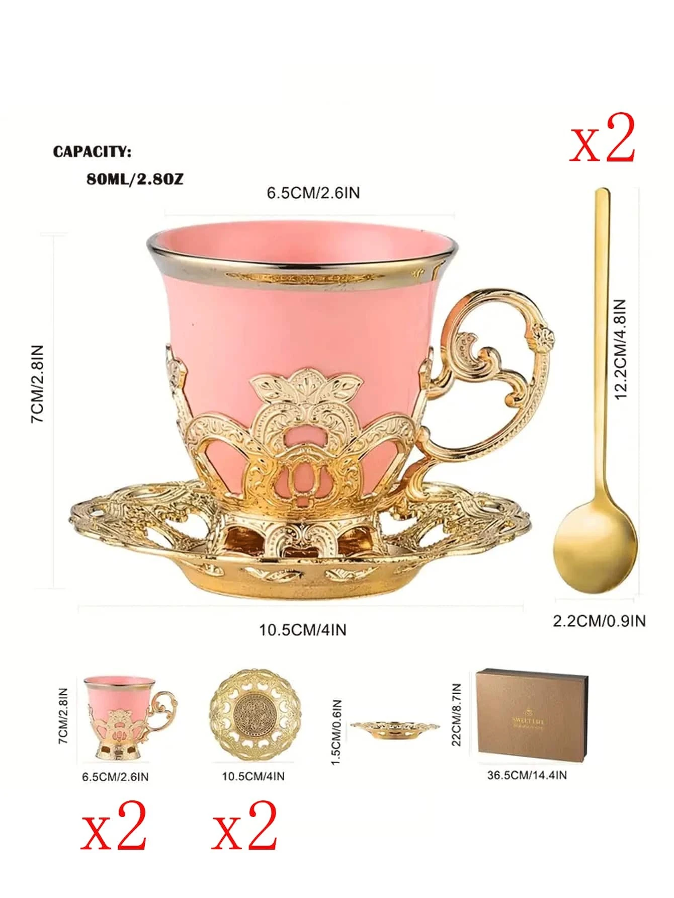 4pcs/Set Gold Rimmed Turkish Coffee Cup With Saucer, Vintage European ...