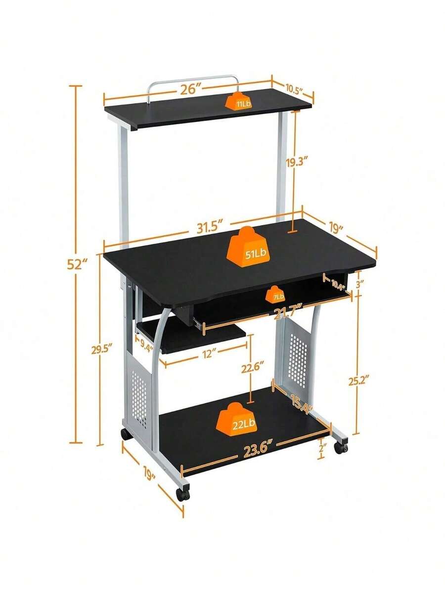 3 Tiers Mobile Computer Desk With Printer Shelf & Keyboard Tray Rolling ...